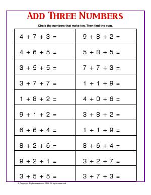 Adding Three Numbers Worksheets Adding Three Numbers Worksheets